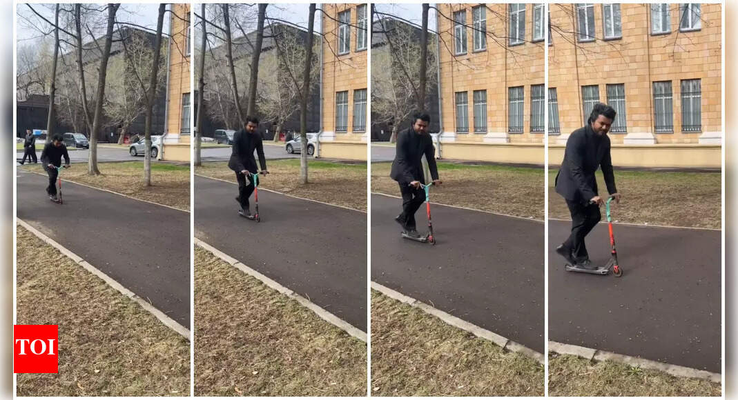 Vijay's rides a leg push scooter cycle at GOAT shooting spot in Russia ...