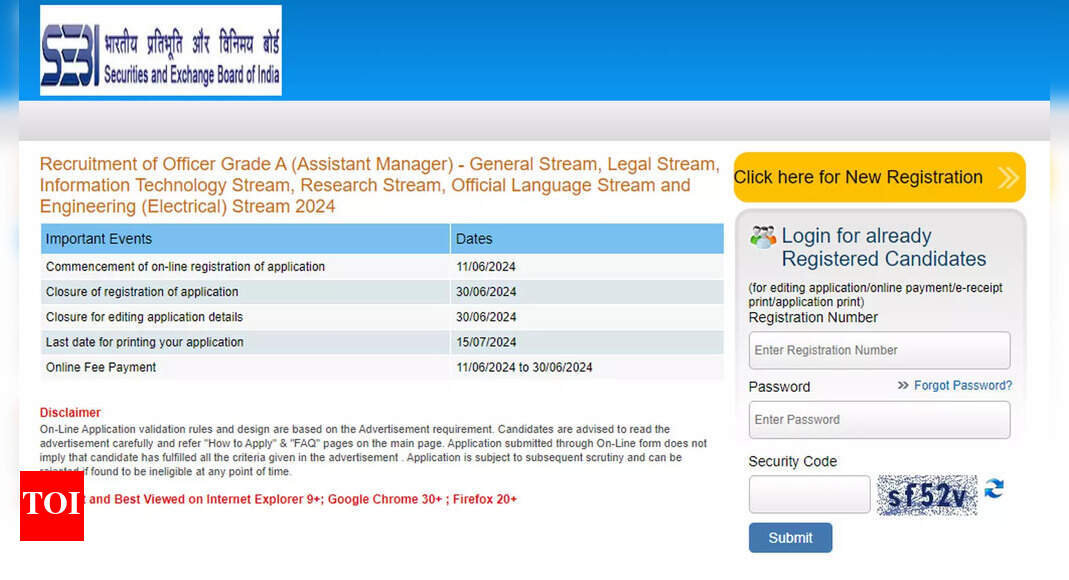 SEBI Grade A Recruitment 2024: Apply for 97 posts on sebi.gov.in; Check ...