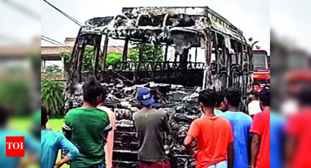 Bus Catches Fire: Bus catches fire after coming in contact with ...