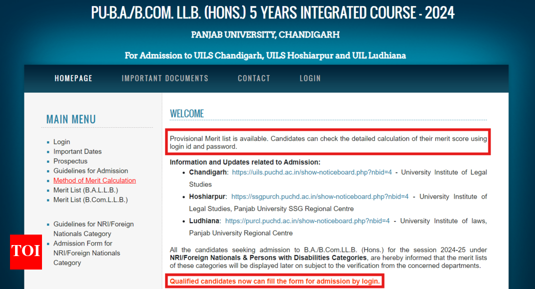 PU LLB 2024 Merit List released at uglaw.puchd.ac.in, counselling to ...