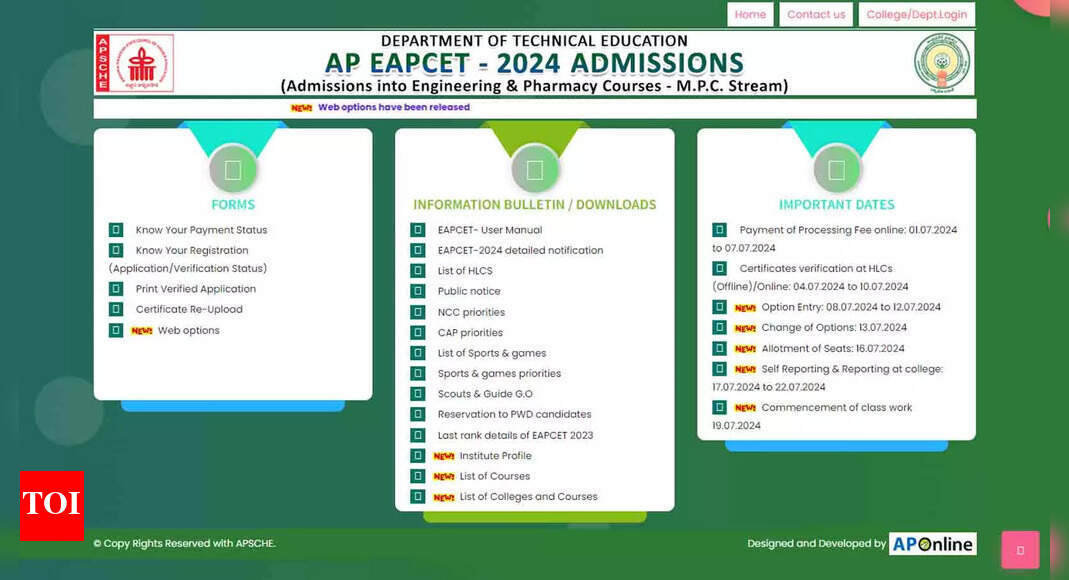 AP EAMCET 2024 Web options entry begins at eapcet-sche.aptonline.in ...