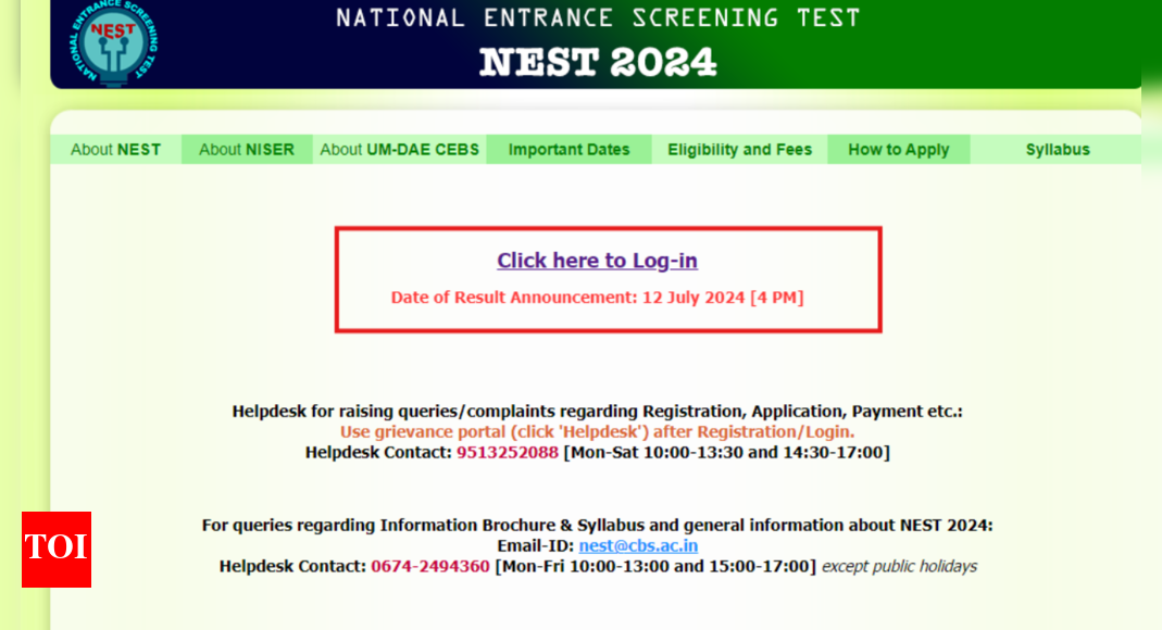 NEST Result 2024 declared: Check direct link here - Times of India