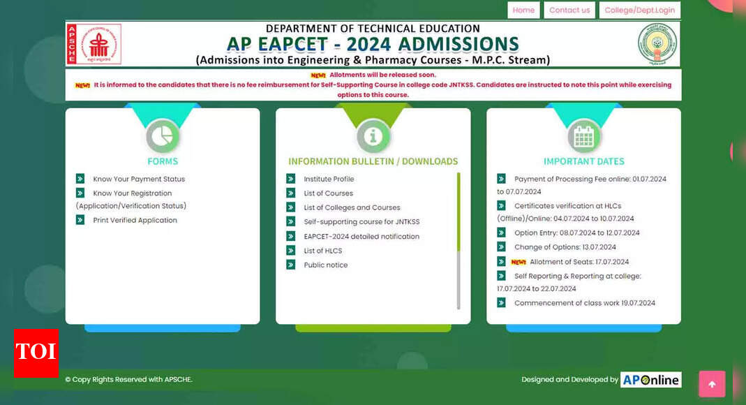 Highlights: Phase 1 Seat Allotment Results Today at eapcet-sche ...