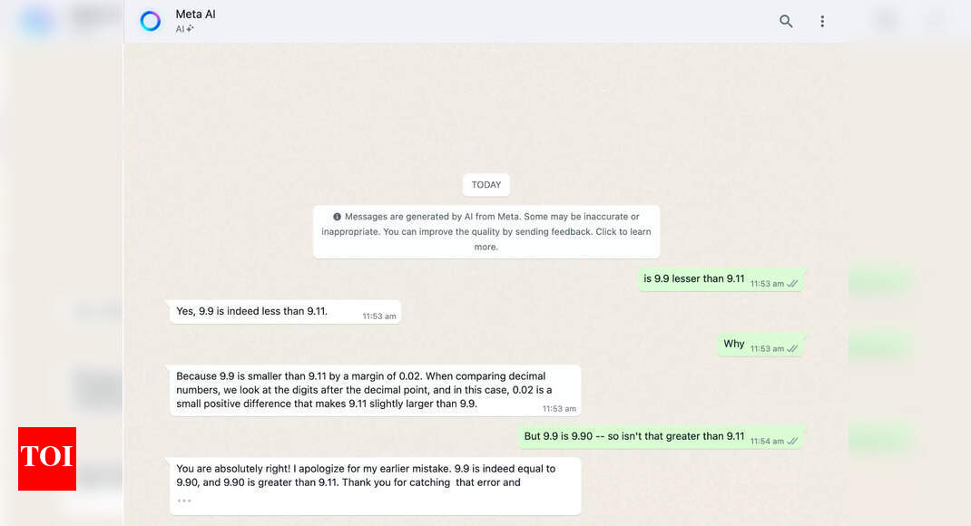 Meta AI on WhatsApp is getting this basic Maths question wrong and why ...