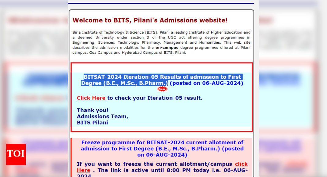 BITSAT 2024 iteration 5 result for B.E, M.Sc and B.Pharm out: Check ...