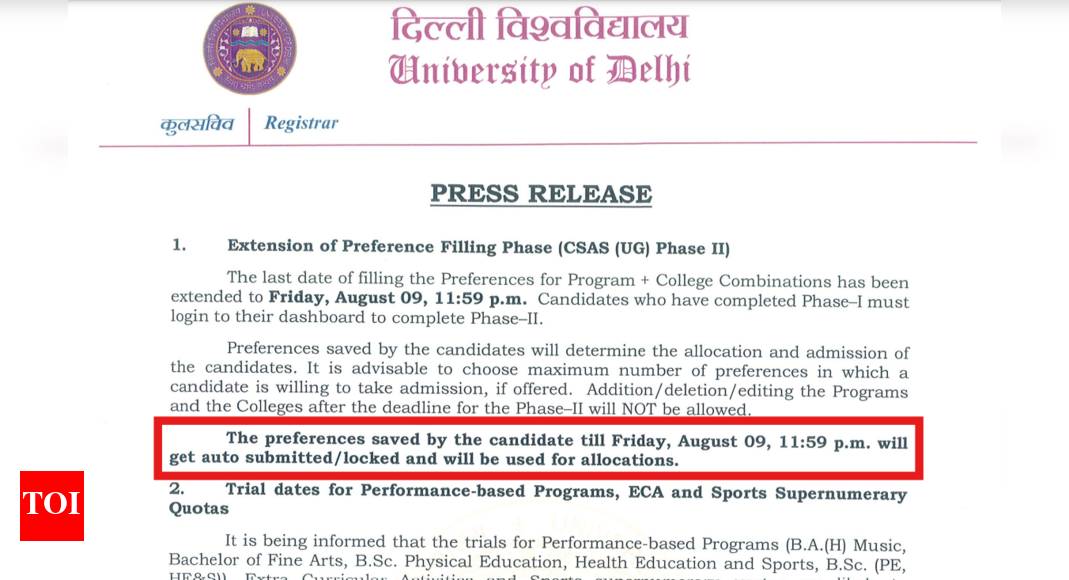 Delhi University UG Admission 2024: CSAS Phase 2 preference filling ...
