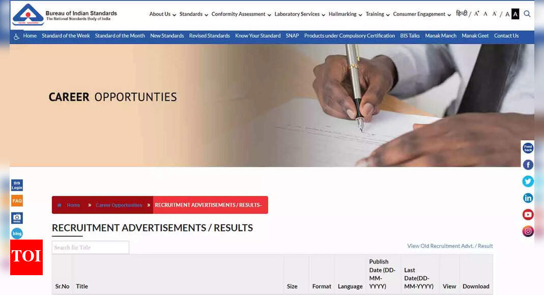 BIS Recruitment 2024: Notification for Group A, B, C posts released; application from Sept 9 ...