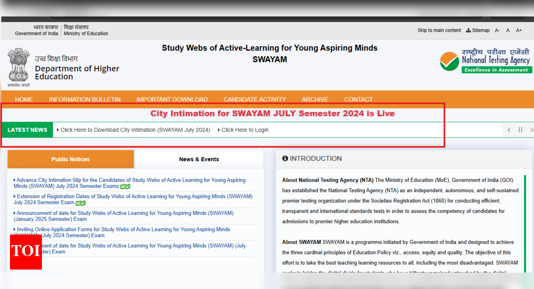 NTA SWAYAM July 2024 exam: City intimation slip released at exams.nta ...
