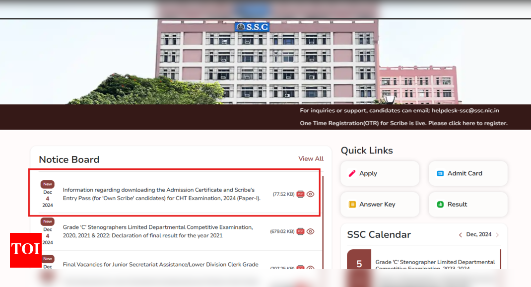SSC JHT 2024 exam: Admit card and scribe entry pass released at ssc.gov ...