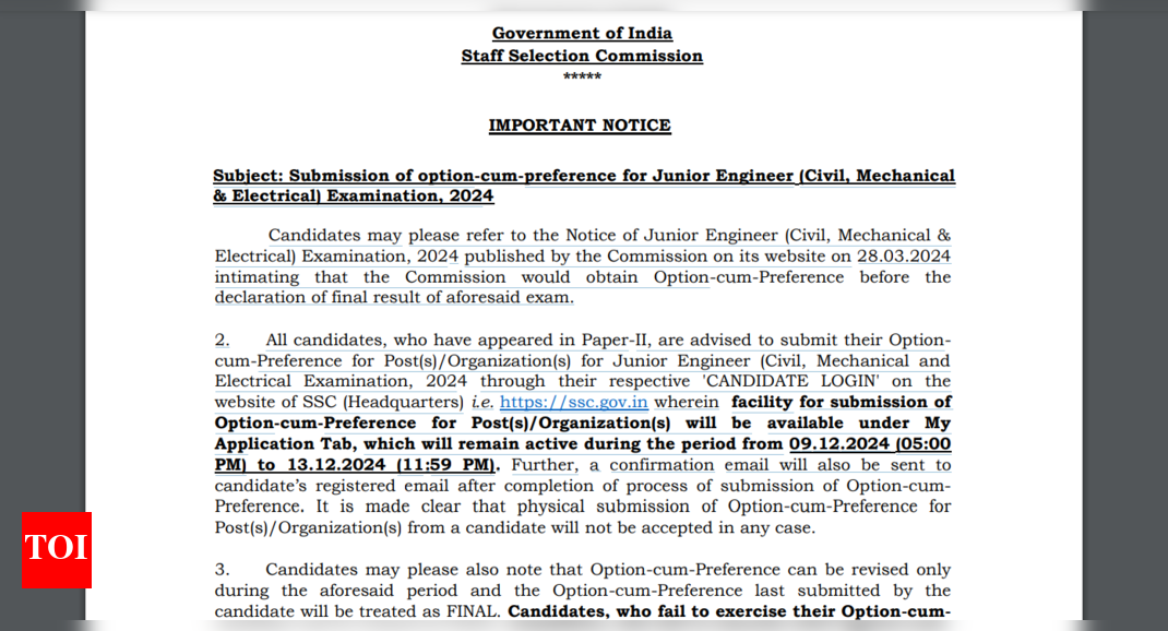 SSC JE 2024 Post-Preference submission begins at ssc.gov.in, apply by ...