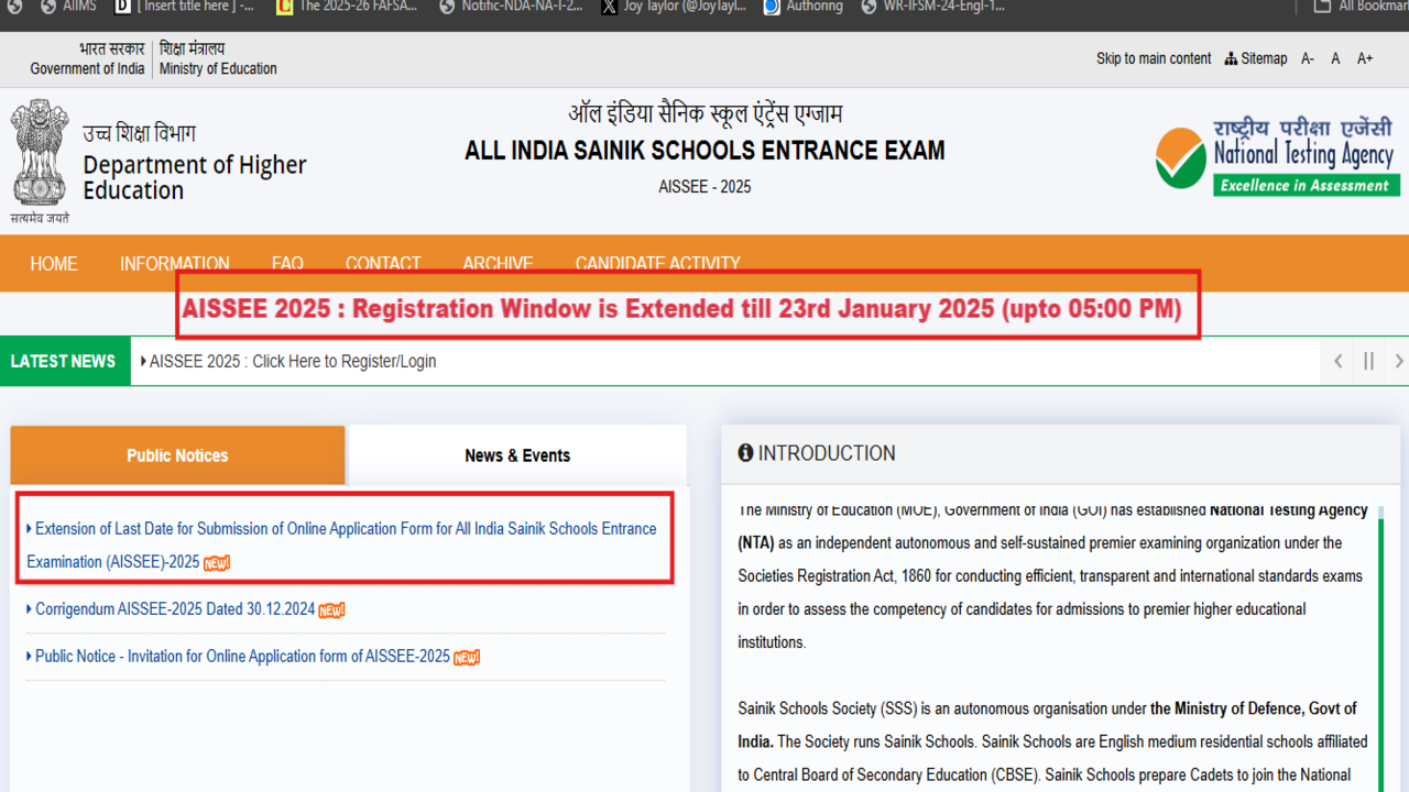 AISSEE 2025 Sainik School registration window deadline extended: Check ...