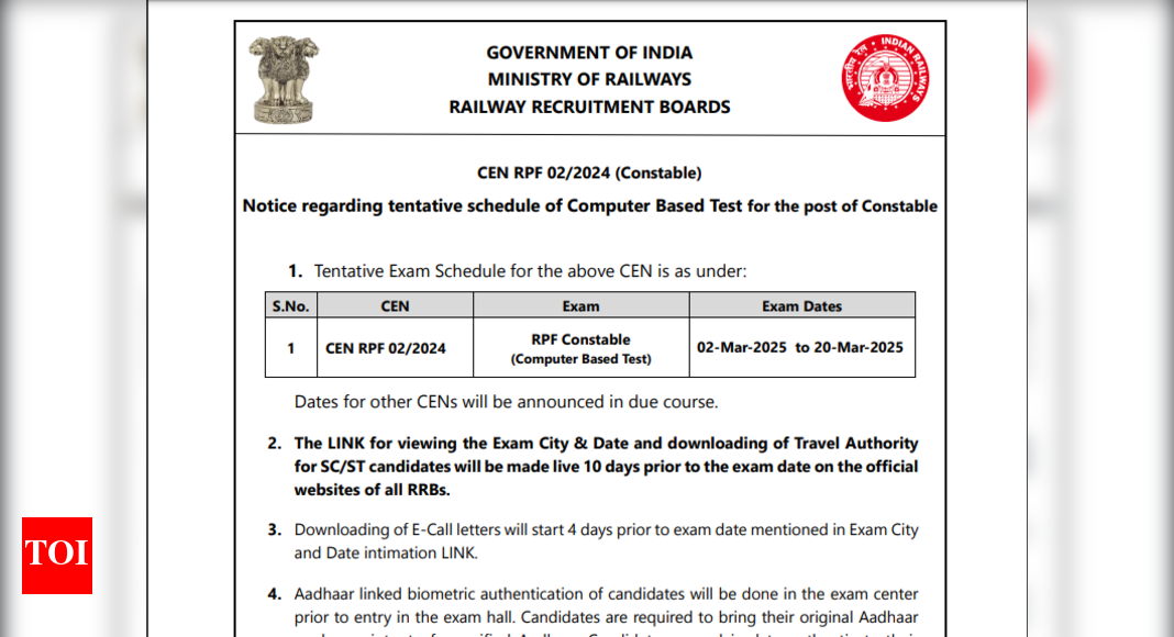 RRB RPF Constable 2024 tentative CBT exam dates released: Check ...