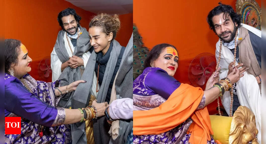 Rajkummar Rao, Patralekha meet Mahamandaleshwar Laxmi Narayan Tripathi at Kinnar Akkhara at ...