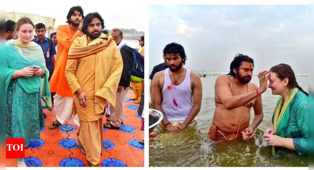Pawan Kalyan takes a holy dip at Triveni Sangam with wife Anna Lezhneva ...