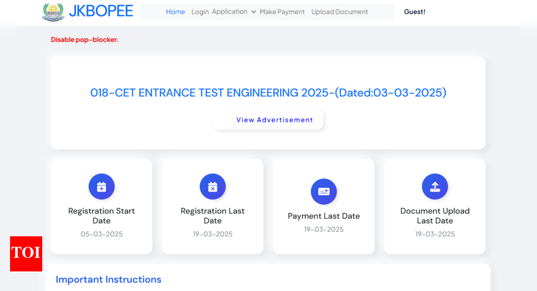 JKCET 2025 online application underway at jkbopee.gov.in, here's the ...