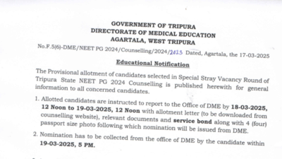 Tripura NEET PG 2024 special stray vacancy round provisional allotment result declared: Check ...