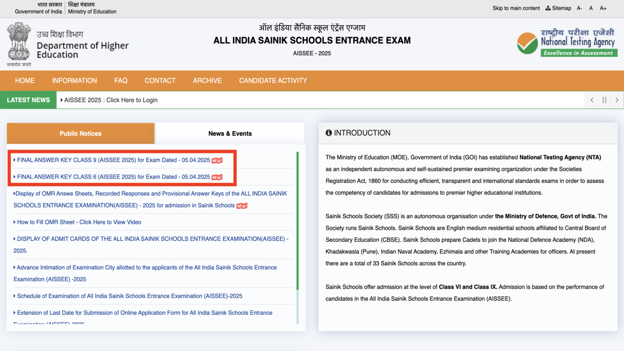 AISSEE 2025 final answer key released: Result expected shortly, check ...