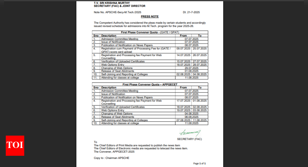 APSCHE releases revised M.Tech admission schedule 2025 for GATE, GPAT ...