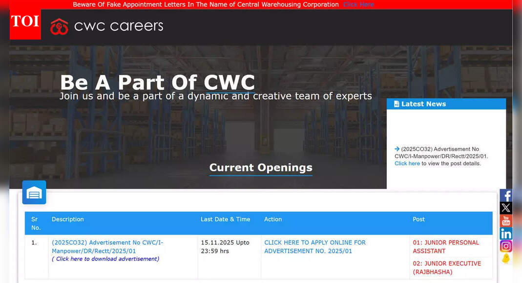 CWC recruitment 2025 last date today for Jr Personal Assistant and Jr ...