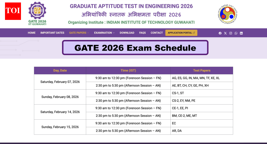 GATE 2026: IIT Guwahati releases complete paper-wise schedule, check ...