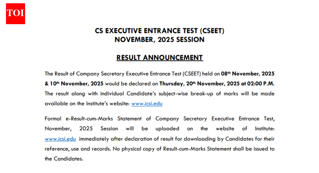 ICSI CSEET November 2025 result to be released tomorrow at icsi.edu.in ...