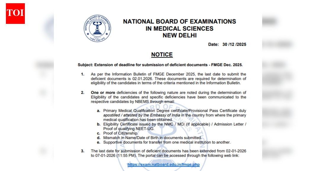 FMGE December 2025: NBEMS extends deficient document submission ...