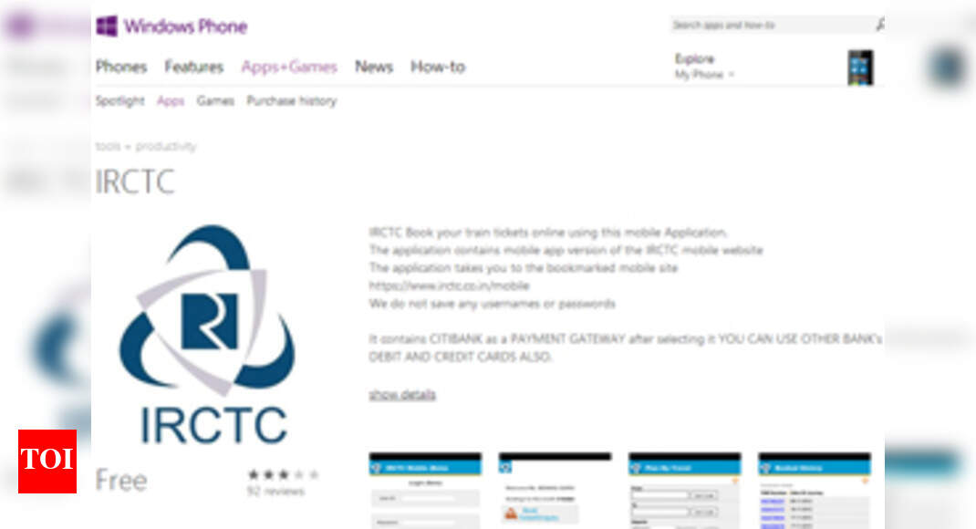 IRCTC: IRCTC launches Windows Phone app for e-ticketing - Times of India