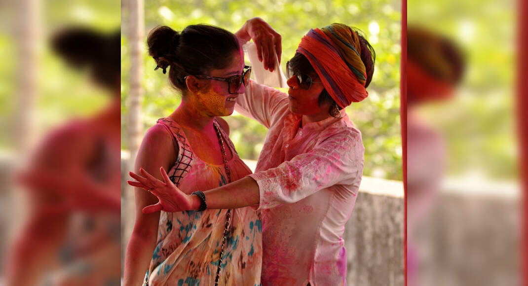 Debleena Sen and Daminee Basu during holi celebrations, in Kolkata.