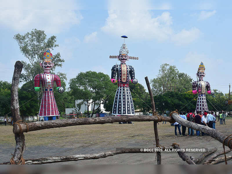 Effigies of the mythical demon king Ravana, Kumbhakarna and Meghanada ...