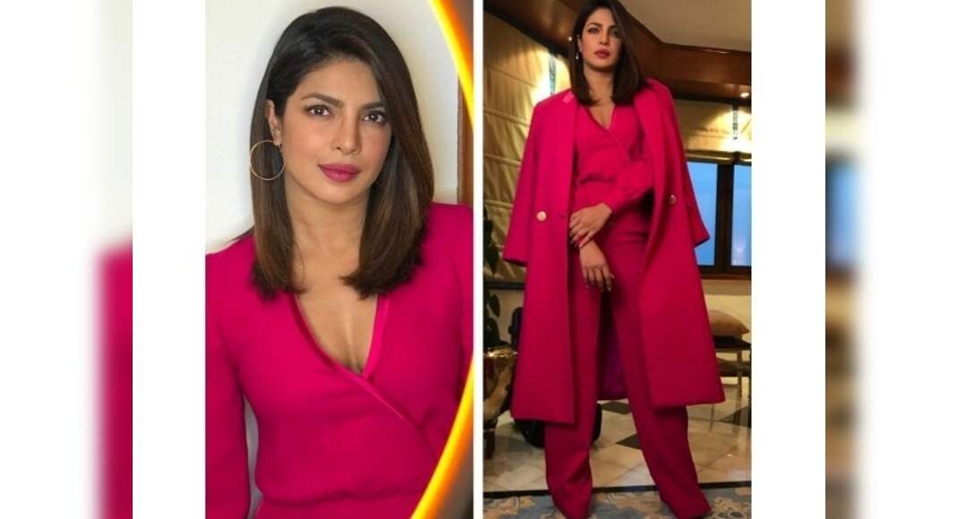 Priyanka Chopra pink pantsuit: Priyanka Chopra works a bold monotone ...
