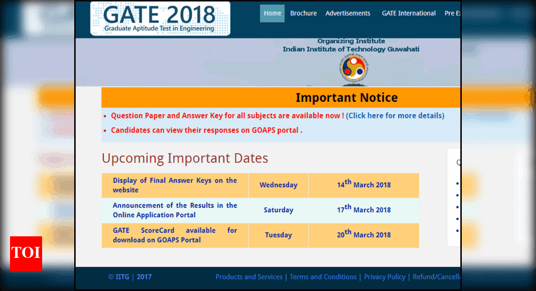 GATE 2018: Final official answer keys released, check here - Times of India
