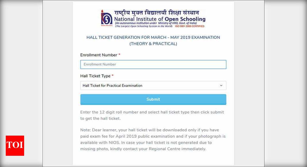 NIOS Hall Ticket: NIOS admit card for class 10th, 12th released ...