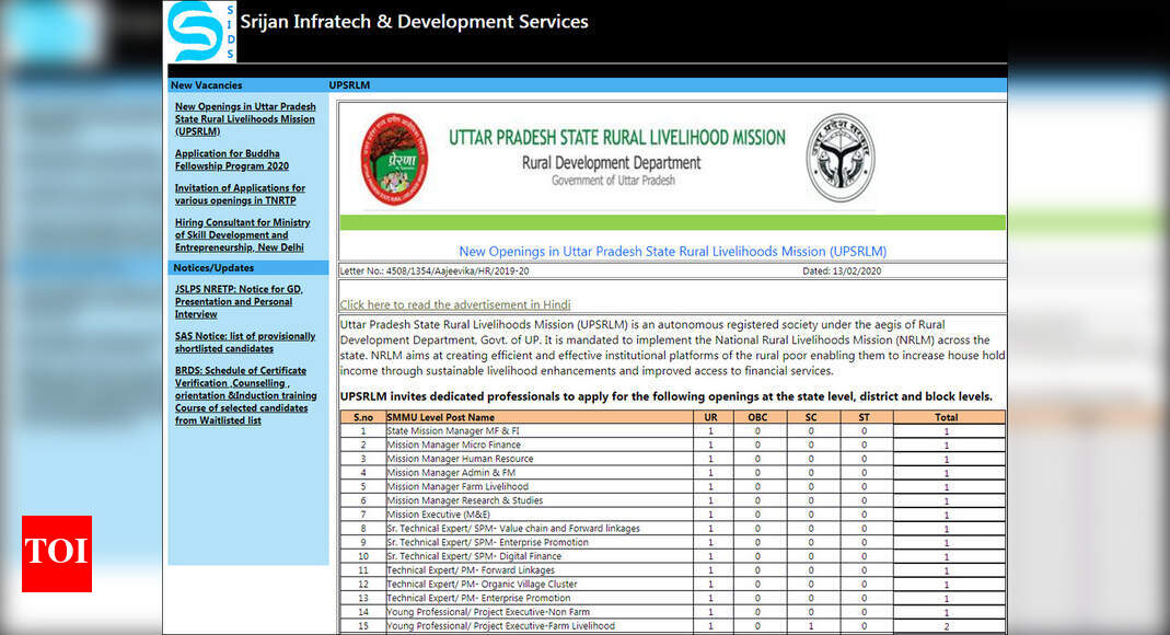 UPSRLM Recruitment 2020: Apply online for 1954 Mission Managers, AO ...