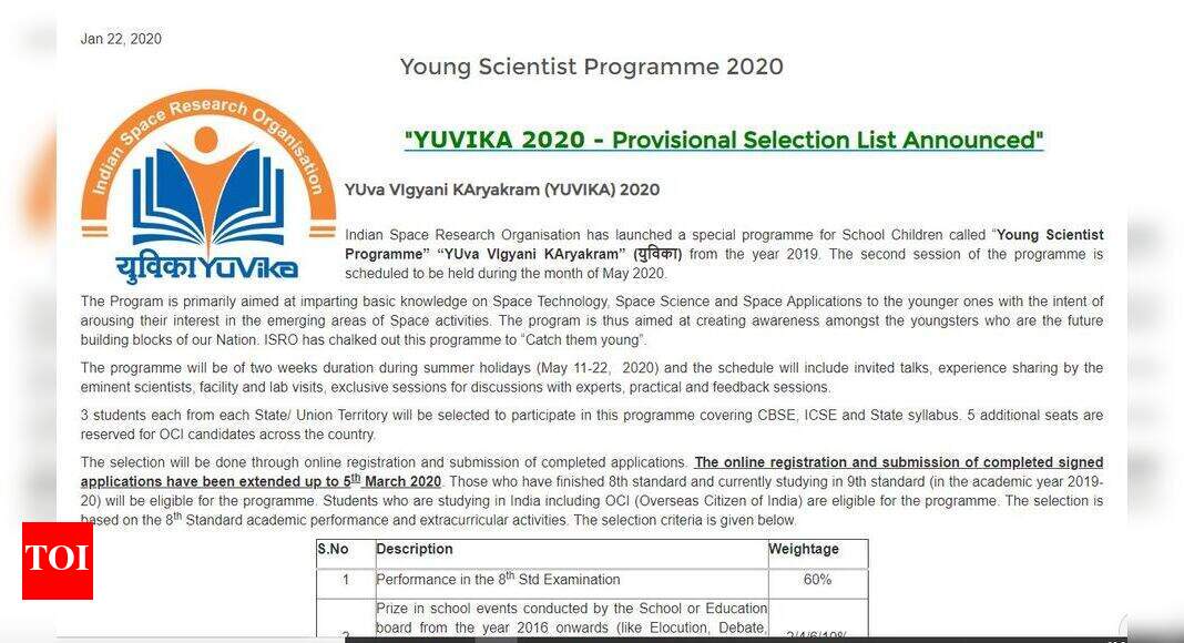 ISRO Young Scientist Programme (YUVIKA) result 2020 released - Times of ...