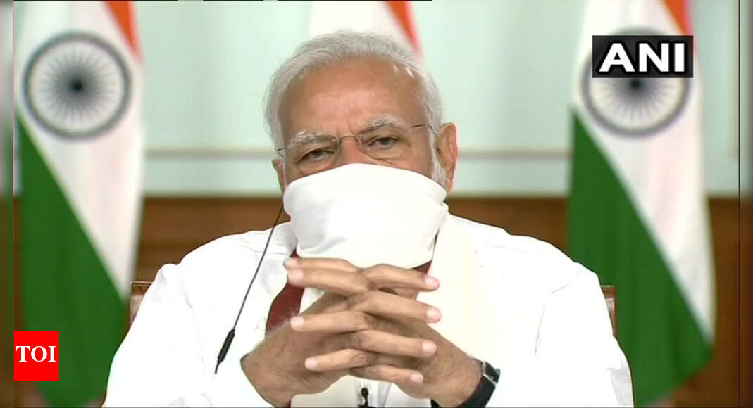 PM Narendra Modi uses homemade face mask during CMs' meeting on Covid ... PM Narendra Modi uses homemade face mask during CMs' meeting on Covid ...