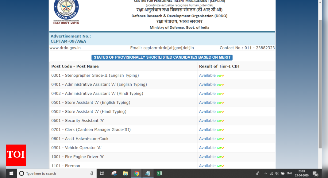 DRDO CEPTAM A&A Tier I result 2020 announced - Times of India
