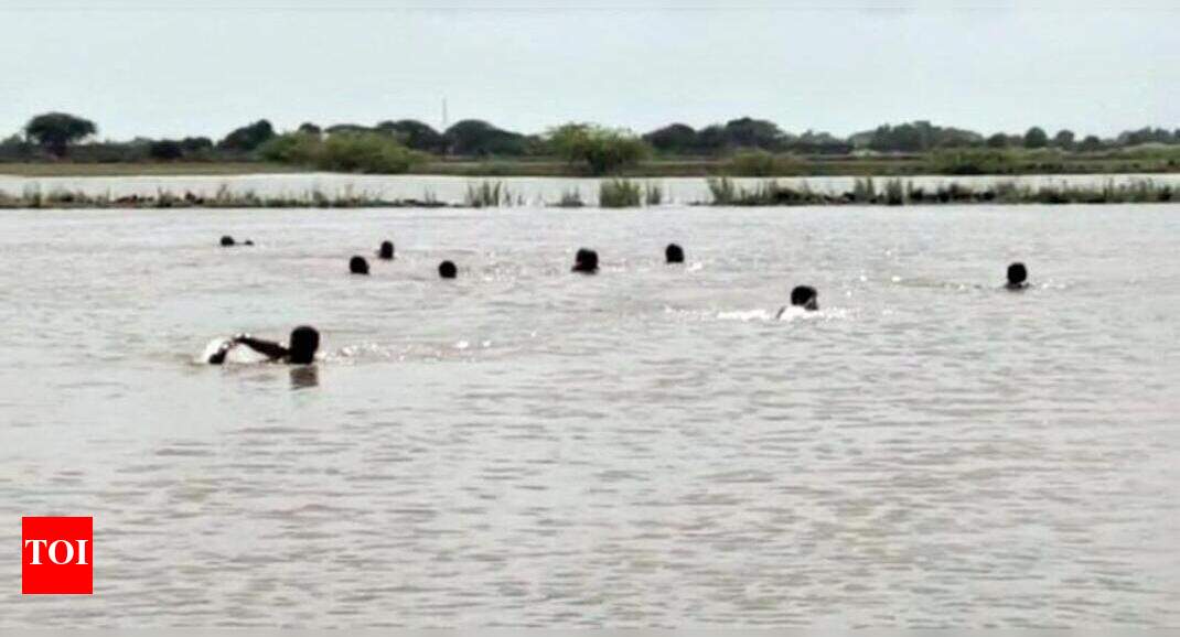 Angry tillers swim in farms to protest apathy | Rajkot News - Times of ...