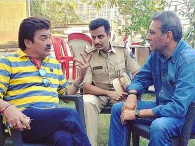 Dharmesh Vyas, Nisarg Trivedi, and Ojas Rawal in an intense conversation on the sets of ...