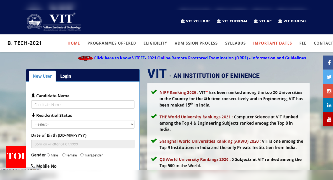 VITEEE 2021 Slot Booking to begin from May 17 at viteee.vit.ac.in - The ...