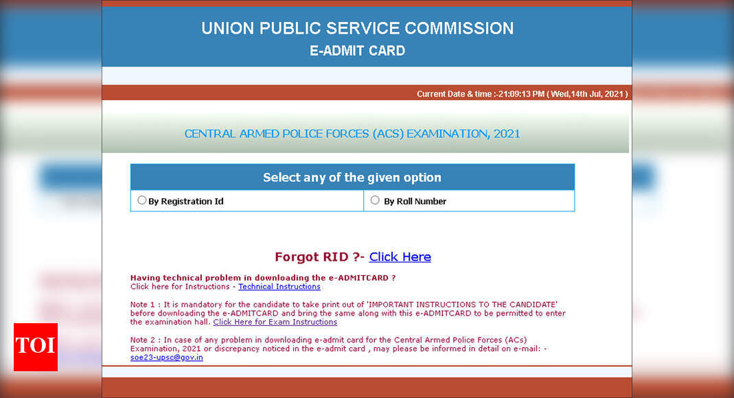UPSC CAPF ACs e-Admit Card 2021 released, download here - Times of India
