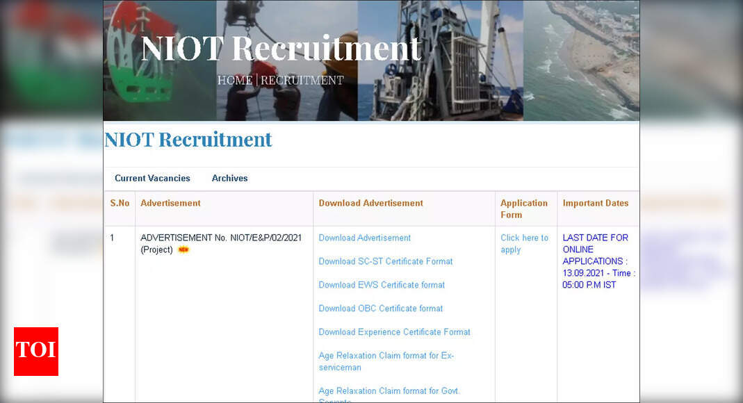 NIOT Recruitment 2021: Apply online for 237 Project Scientist, Research ...