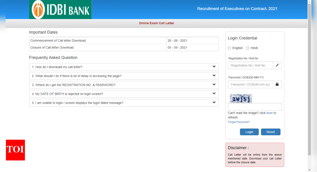 IDBI Executive admit card 2021 released, download here - Times of India