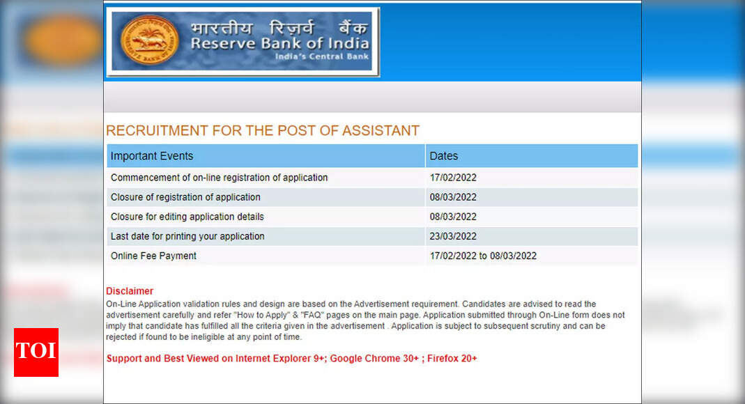 RBI Assistant Recruitment 2022: Apply online for 950 posts | - Times of India