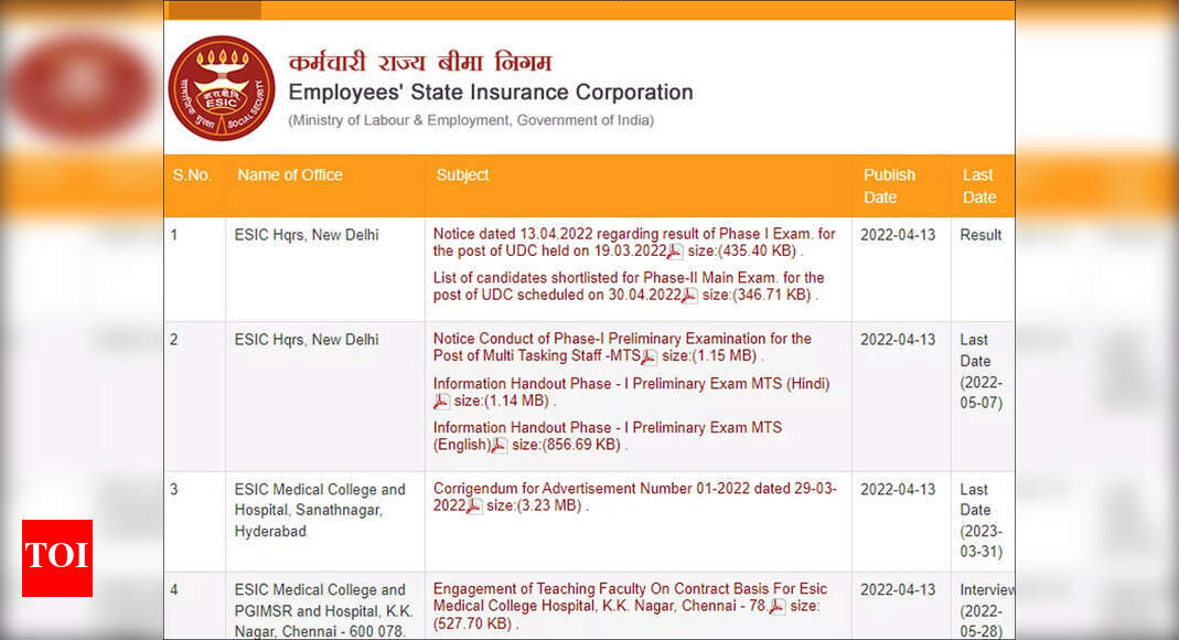 ESIC Result 2022: ESIC UDC Phase 1 result 2022 released on esic.nic.in ...