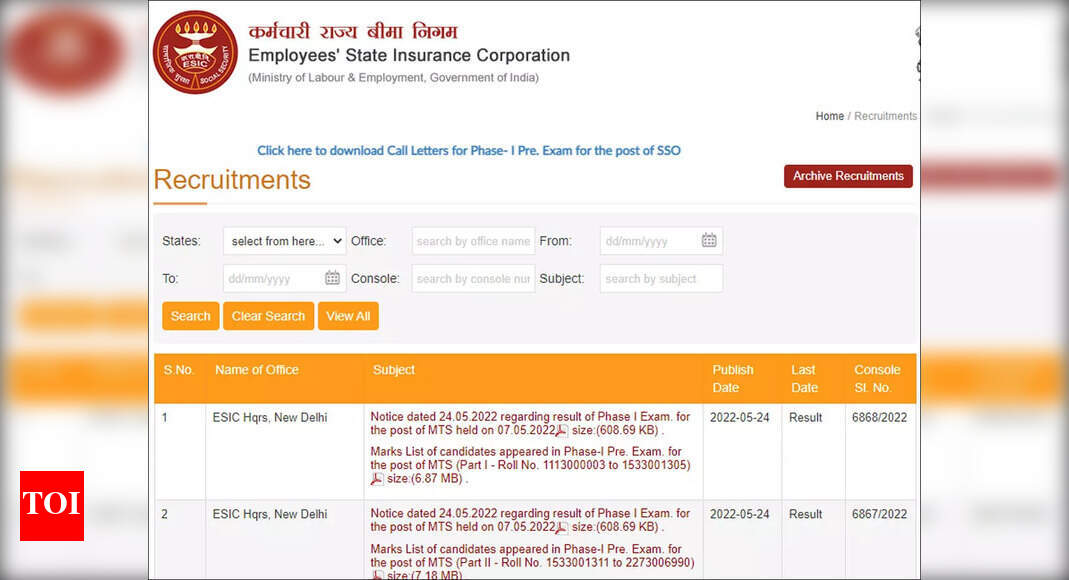 ESIC Result 2022: ESIC MTS Phase-I Result 2022 declared @esic.nic.in; download here | - Times of ...