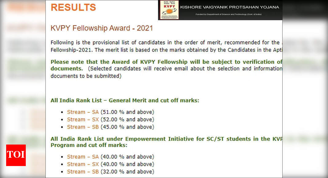 KVPY Result 2021: KVPY 2021 Result for SA, SX, SB announced; check cut ...