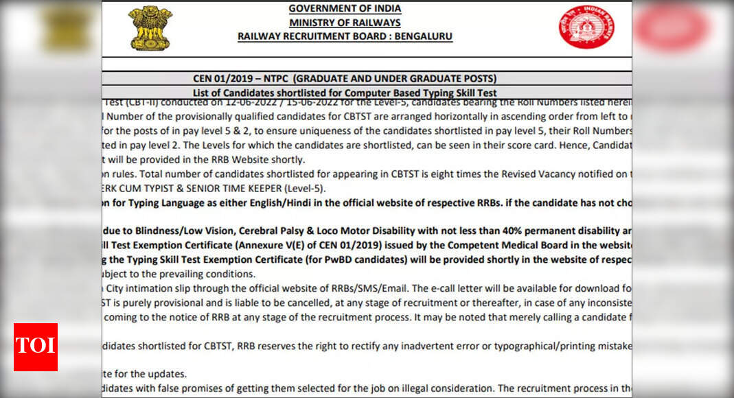 RRB NTPC CBT 2 Result 2022 declared on rrbbnc.gov.in, CBTST Level 5, 2 ...