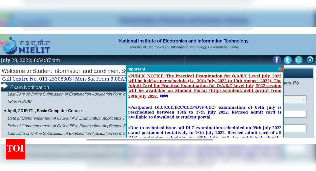 NIELIT Admit Card: NIELIT O Level Exam Admit Card 2022 released at ...