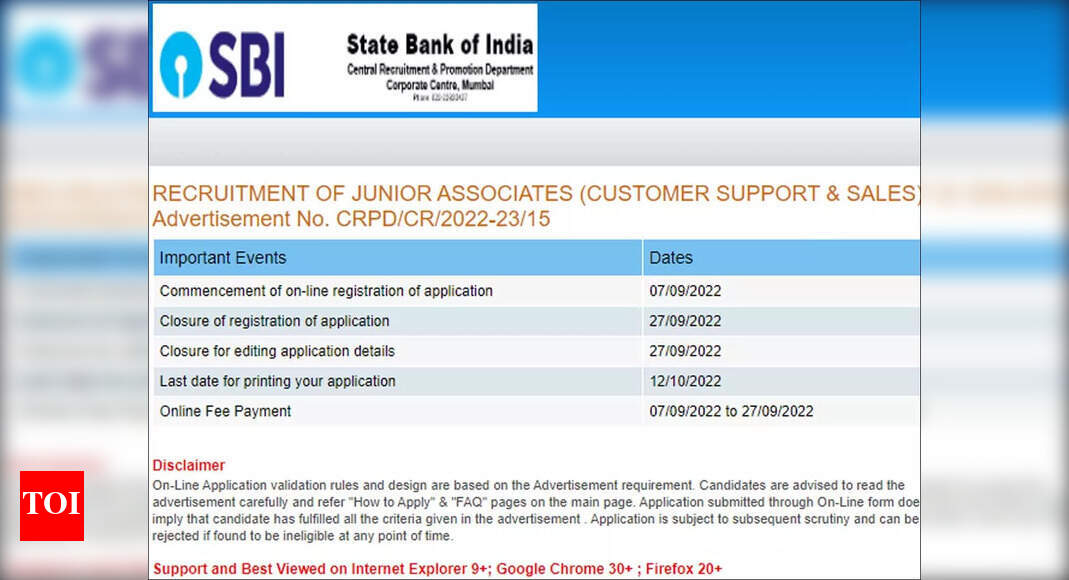 SBI Clerk 2022: Apply online for 5008 SBI Junior Associates posts ...