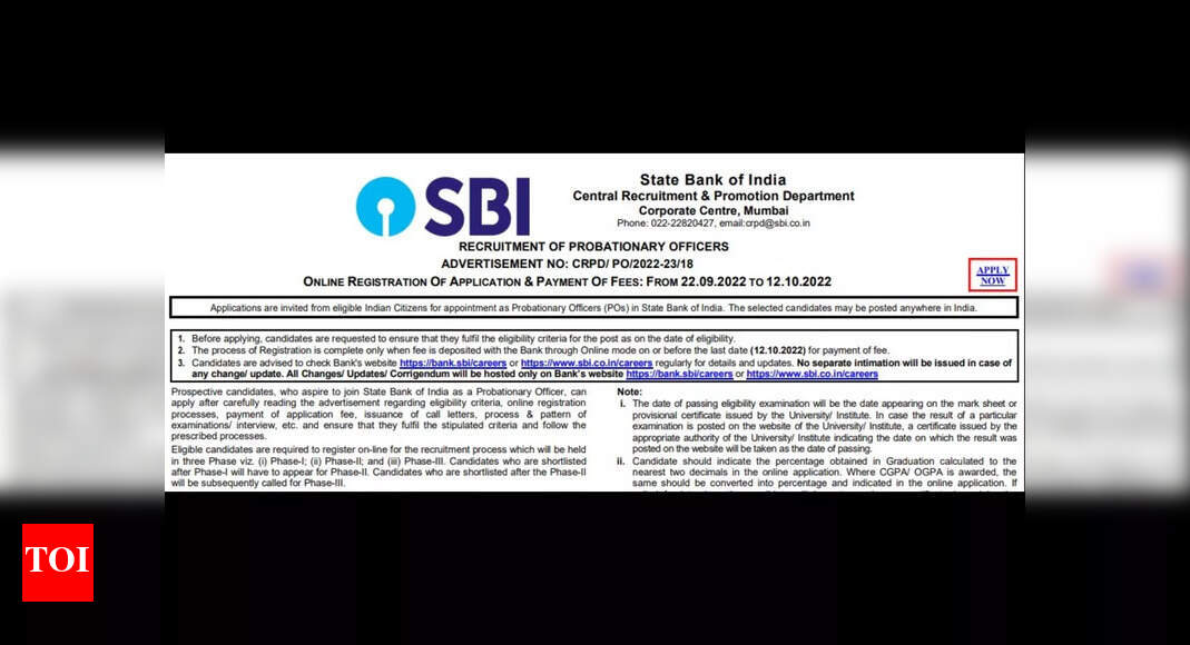 SBI PO 2022: SBI PO Notification released for 1673 vacancies on sbi.co ...